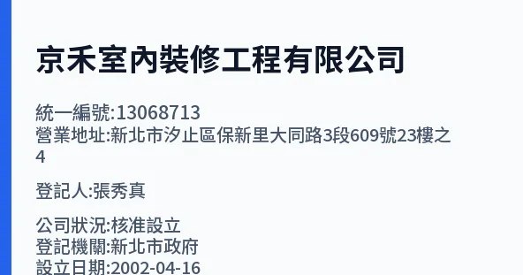 京禾室內裝修工程有限公司的照片-統編 13068713(新北市) 公司登記資料與營業項目詳細圖表