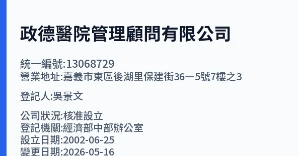 政德醫院管理顧問有限公司的照片-統編 13068729(嘉義市) 公司登記資料與營業項目詳細圖表
