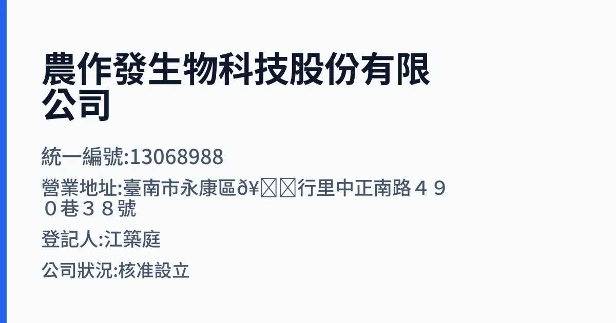 農作發生物科技股份有限公司 - 統編 13068988(臺南市) 公司登記資料與營業項目詳細圖表
