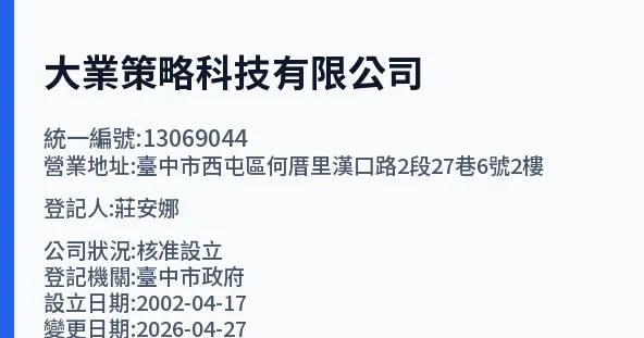 大業策略科技有限公司的照片-統編 13069044(臺中市) 公司登記資料與營業項目詳細圖表