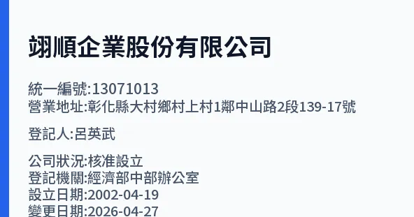 翊順企業股份有限公司的照片-統編 13071013(彰化縣) 公司登記資料與營業項目詳細圖表