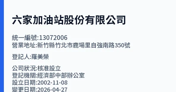 六家加油站股份有限公司的照片-統編 13072006(新竹縣) 公司登記資料與營業項目詳細圖表