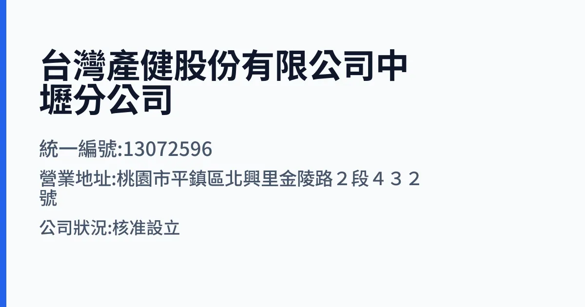 台灣產健股份有限公司中壢分公司 - 統編 13072596(桃園市) 公司登記資料與營業項目詳細圖表