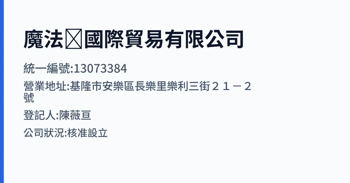 魔法坣國際貿易有限公司 - 統編 13073384(基隆市) 公司登記資料與營業項目詳細圖表