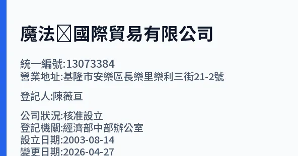 魔法坣國際貿易有限公司的照片-統編 13073384(基隆市) 公司登記資料與營業項目詳細圖表
