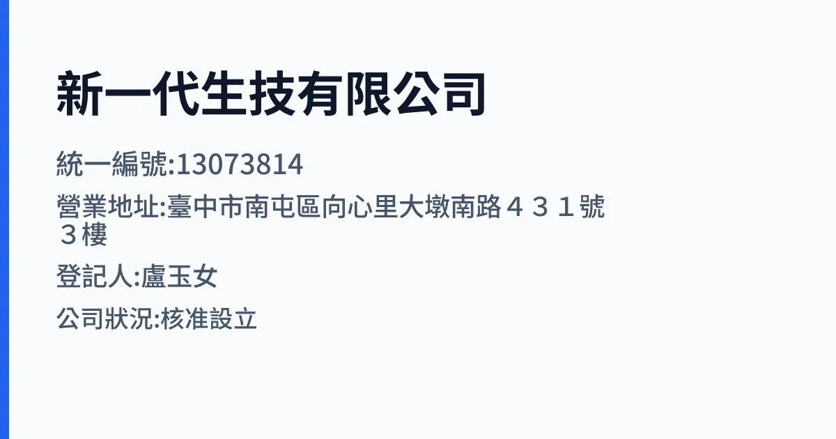 新一代生技有限公司 - 統編 13073814(臺中市) 公司登記資料與營業項目詳細圖表