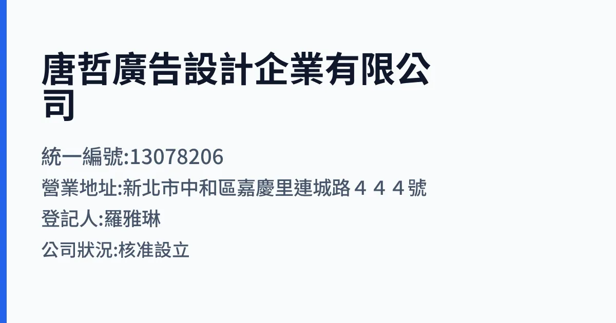 唐哲廣告設計企業有限公司 - 統編 13078206(新北市) 公司登記資料與營業項目詳細圖表