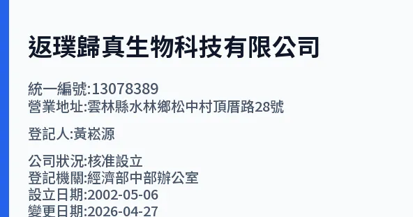 返璞歸真生物科技有限公司的照片-統編 13078389(雲林縣) 公司登記資料與營業項目詳細圖表