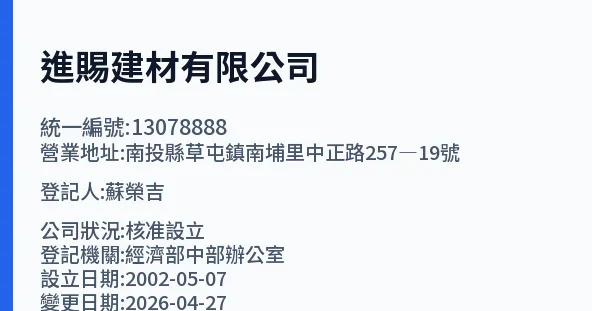 進賜建材有限公司的照片-統編 13078888(南投縣) 公司登記資料與營業項目詳細圖表