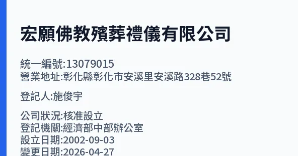 宏願佛教殯葬禮儀有限公司的照片-統編 13079015(彰化縣) 公司登記資料與營業項目詳細圖表