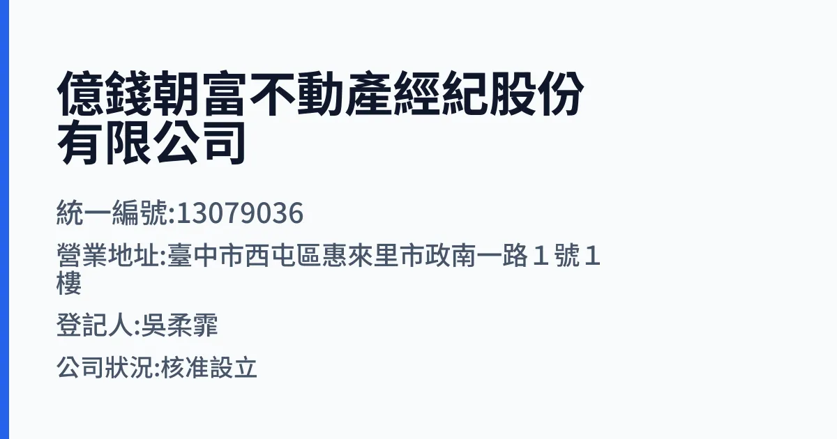 億錢朝富不動產經紀股份有限公司 - 統編 13079036(臺中市) 公司登記資料與營業項目詳細圖表