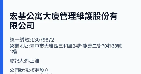 宏基公寓大廈管理維護股份有限公司的照片-統編 13079872(臺中市) 公司登記資料與營業項目詳細圖表