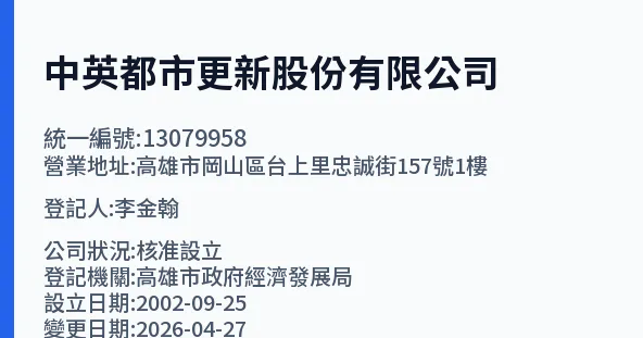 中英都市更新股份有限公司的照片-統編 13079958(高雄市) 公司登記資料與營業項目詳細圖表