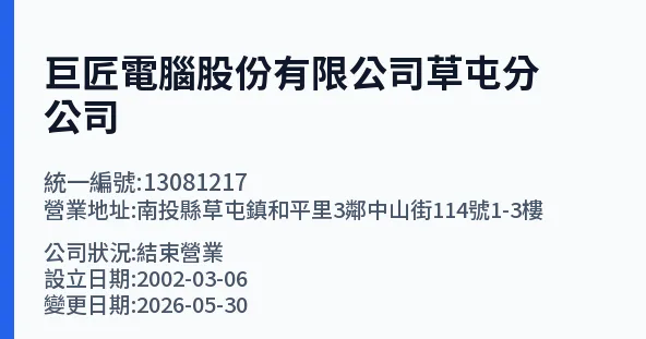 巨匠電腦股份有限公司草屯分公司的照片-統編 13081217(南投縣) 公司登記資料與營業項目詳細圖表