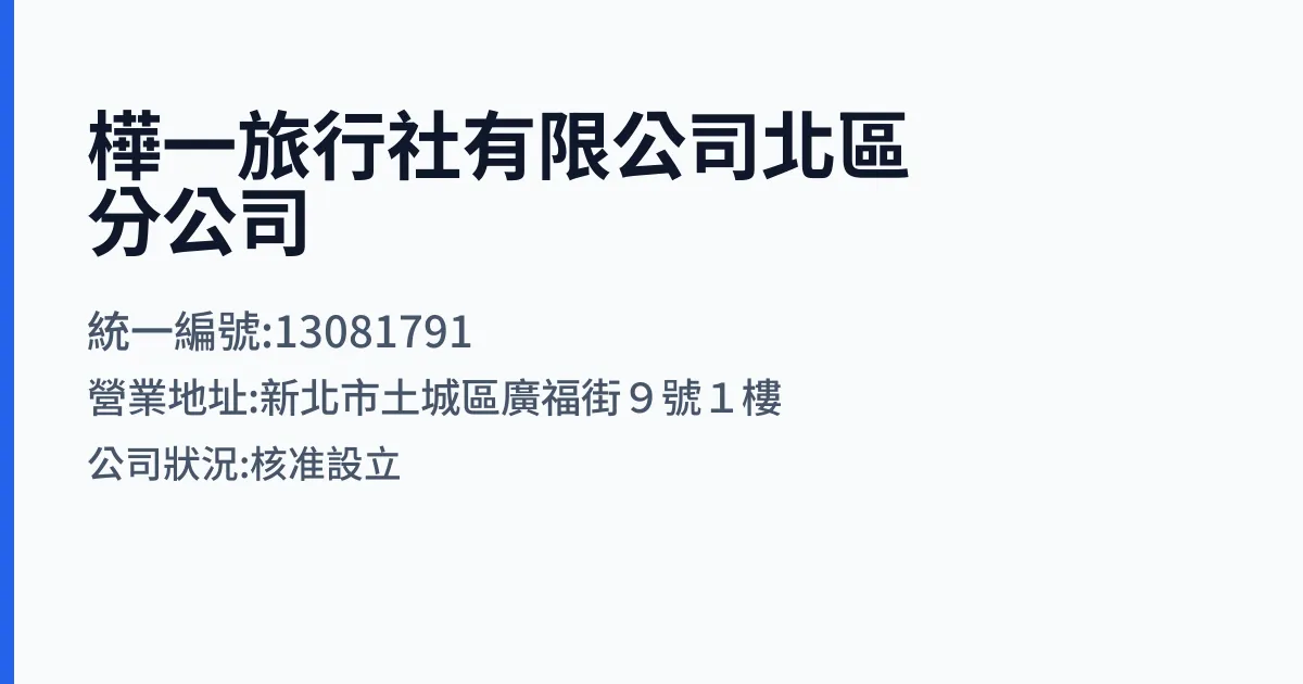 樺一旅行社有限公司北區分公司 - 統編 13081791(新北市) 公司登記資料與營業項目詳細圖表