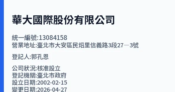 華大國際股份有限公司的照片-統編 13084158(臺北市) 公司登記資料與營業項目詳細圖表