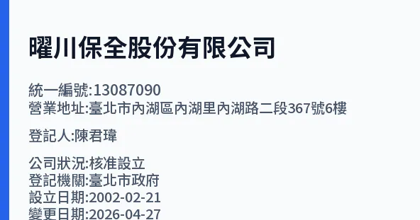 曜川保全股份有限公司的照片-統編 13087090(臺北市) 公司登記資料與營業項目詳細圖表