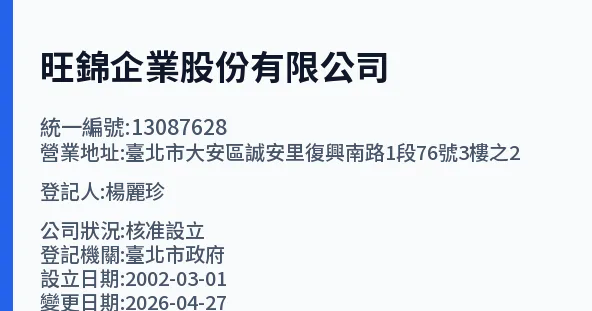 旺錦企業股份有限公司的照片-統編 13087628(臺北市) 公司登記資料與營業項目詳細圖表