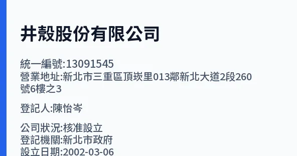 井殼股份有限公司的照片-統編 13091545(新北市) 公司登記資料與營業項目詳細圖表