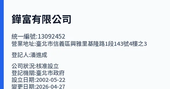 鏵富有限公司的照片-統編 13092452(臺北市) 公司登記資料與營業項目詳細圖表