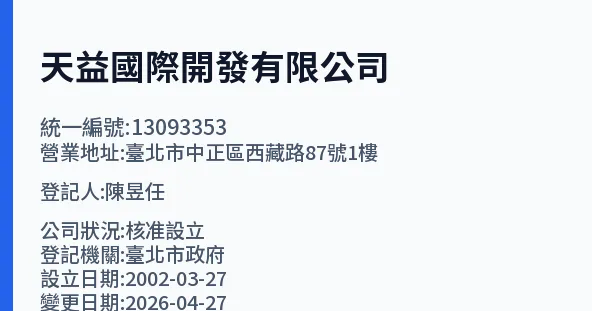 天益國際開發有限公司的照片-統編 13093353(臺北市) 公司登記資料與營業項目詳細圖表