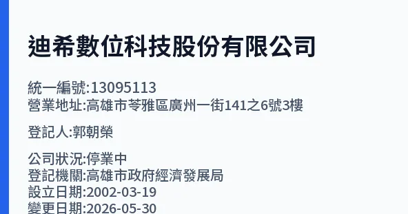 迪希數位科技股份有限公司的照片-統編 13095113(高雄市) 公司登記資料與營業項目詳細圖表