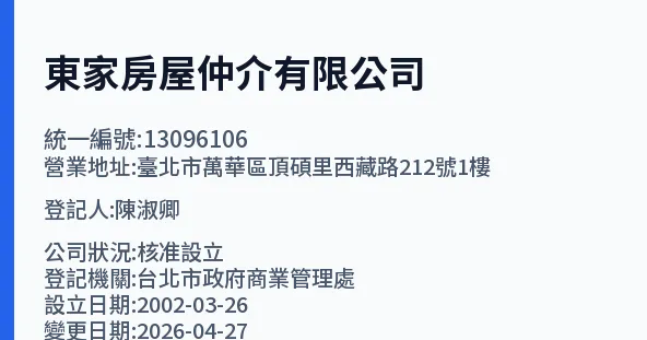 東家房屋仲介有限公司的照片-統編 13096106(臺北市) 公司登記資料與營業項目詳細圖表