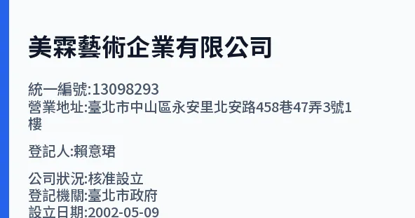 美霖藝術企業有限公司的照片-統編 13098293(臺北市) 公司登記資料與營業項目詳細圖表