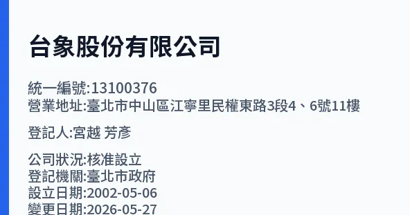 台象股份有限公司的照片-統編 13100376(臺北市) 公司登記資料與營業項目詳細圖表