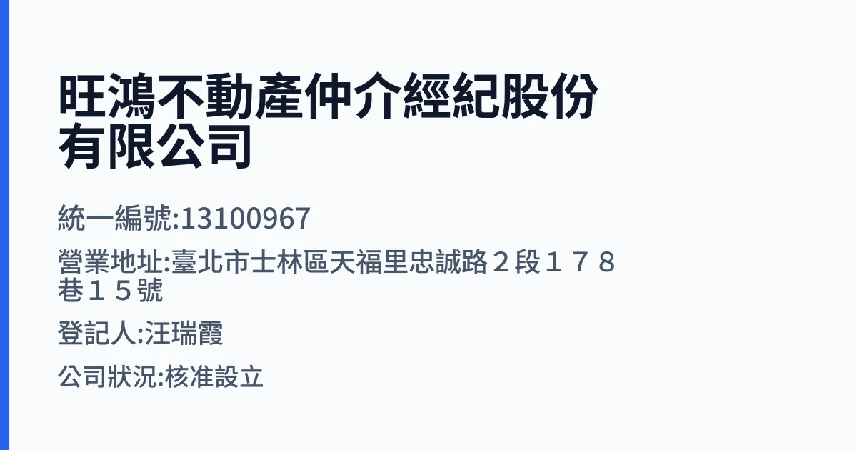 旺鴻不動產仲介經紀股份有限公司 - 統編 13100967(臺北市) 公司登記資料與營業項目詳細圖表