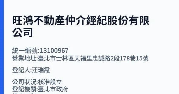 旺鴻不動產仲介經紀股份有限公司的照片-統編 13100967(臺北市) 公司登記資料與營業項目詳細圖表