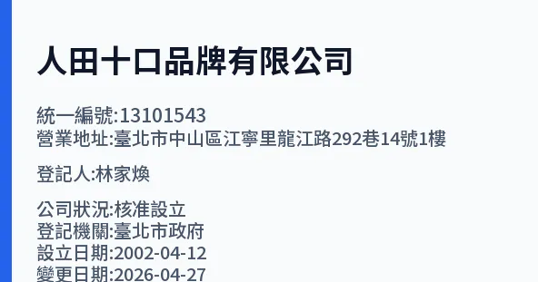 人田十口品牌有限公司的照片-統編 13101543(臺北市) 公司登記資料與營業項目詳細圖表
