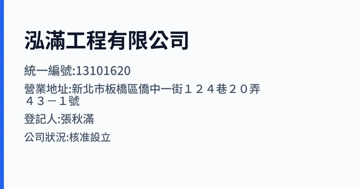 泓滿工程有限公司 - 統編 13101620(新北市) 公司登記資料與營業項目詳細圖表