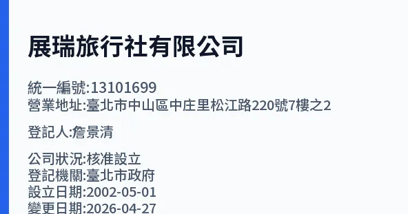 展瑞旅行社有限公司的照片-統編 13101699(臺北市) 公司登記資料與營業項目詳細圖表