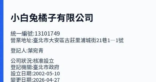小白兔橘子有限公司的照片-統編 13101749(臺北市) 公司登記資料與營業項目詳細圖表