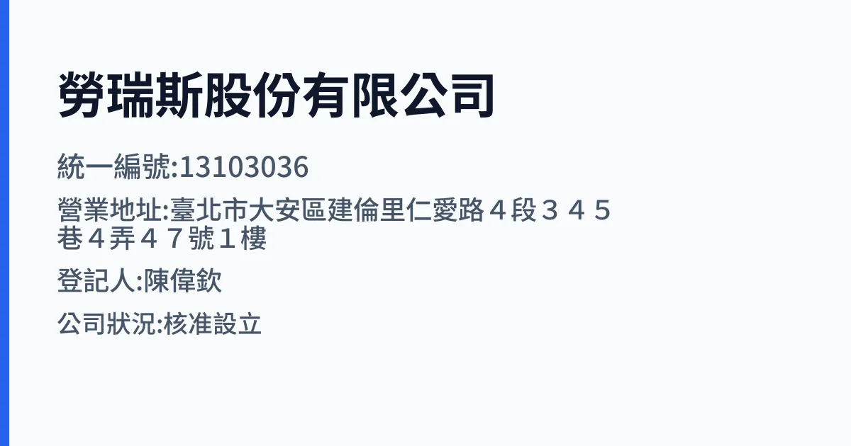 勞瑞斯股份有限公司 - 統編 13103036(臺北市) 公司登記資料與營業項目詳細圖表