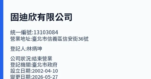 固迪欣有限公司的照片-統編 13103084(臺北市) 公司登記資料與營業項目詳細圖表
