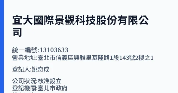 宜大國際景觀科技股份有限公司的照片-統編 13103633(臺北市) 公司登記資料與營業項目詳細圖表