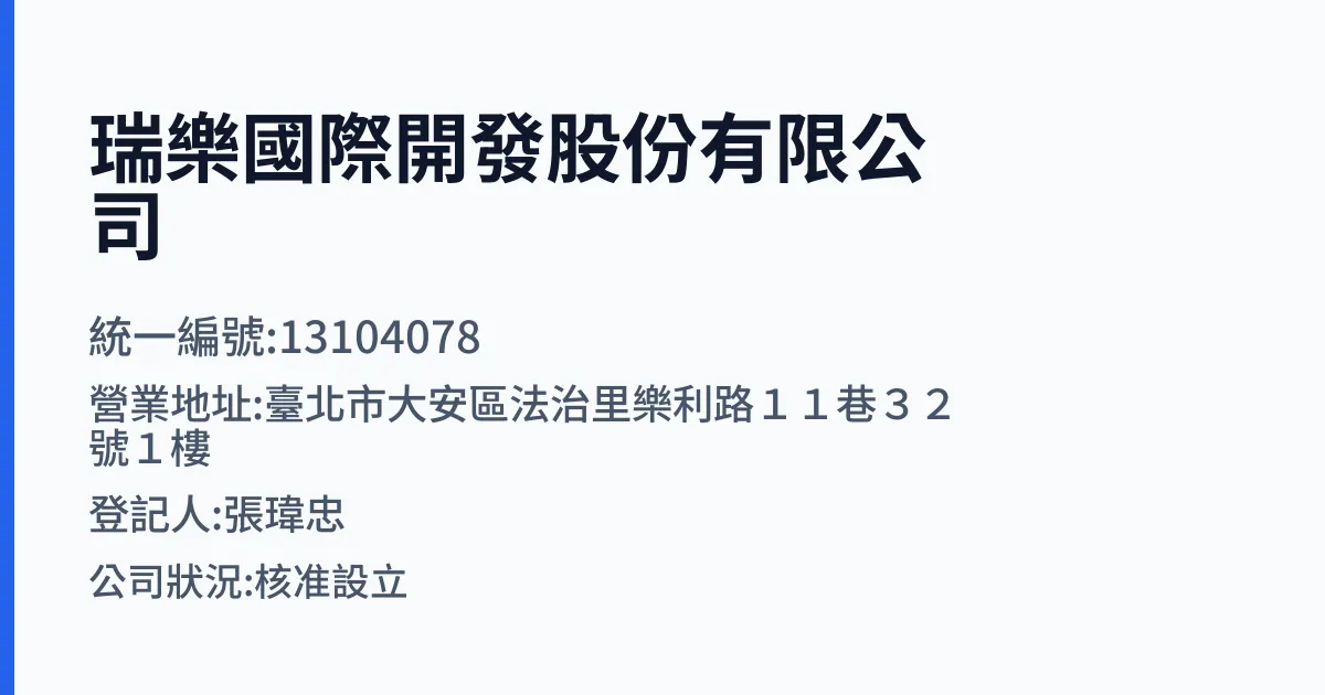 瑞樂國際開發股份有限公司 - 統編 13104078(臺北市) 公司登記資料與營業項目詳細圖表
