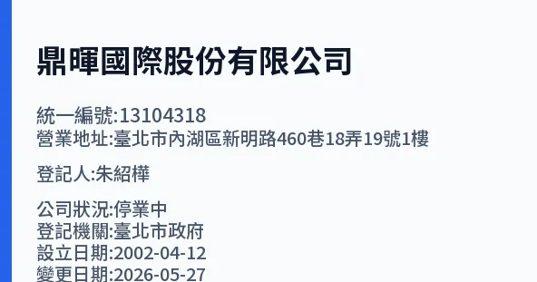 鼎暉國際股份有限公司的照片-統編 13104318(臺北市) 公司登記資料與營業項目詳細圖表