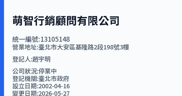 萌智行銷顧問有限公司的照片-統編 13105148(臺北市) 公司登記資料與營業項目詳細圖表