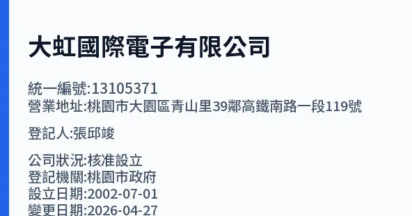 大虹國際電子有限公司的照片-統編 13105371(桃園市) 公司登記資料與營業項目詳細圖表