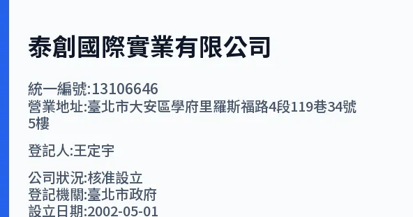 泰創國際實業有限公司的照片-統編 13106646(臺北市) 公司登記資料與營業項目詳細圖表