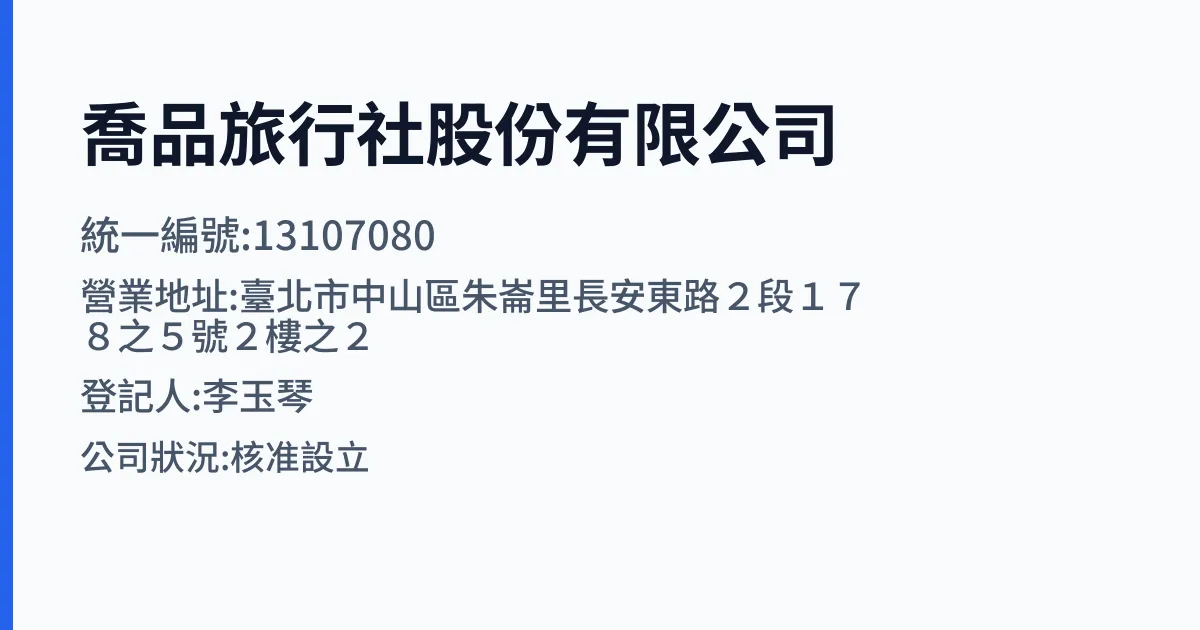 喬品旅行社股份有限公司 - 統編 13107080(臺北市) 公司登記資料與營業項目詳細圖表
