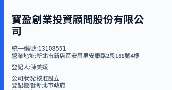 寶盈創業投資顧問股份有限公司的照片-統編 13108551(新北市) 公司登記資料與營業項目詳細圖表