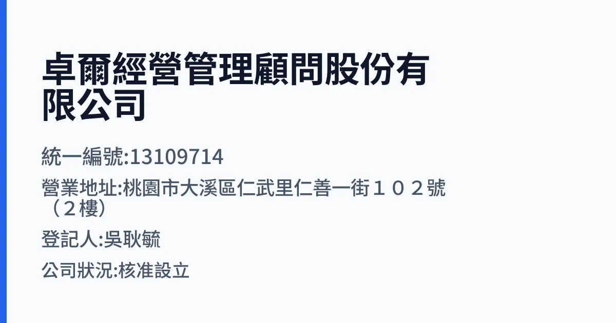卓爾經營管理顧問股份有限公司 - 統編 13109714(桃園市) 公司登記資料與營業項目詳細圖表