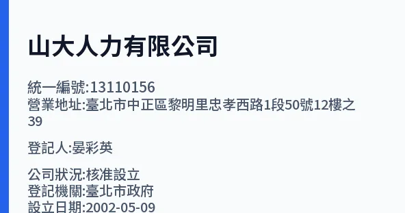 山大人力有限公司的照片-統編 13110156(臺北市) 公司登記資料與營業項目詳細圖表