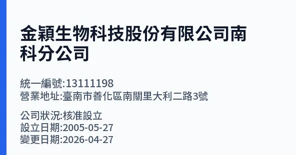 金穎生物科技股份有限公司南科分公司的照片-統編 13111198(臺南市) 公司登記資料與營業項目詳細圖表