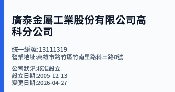 廣泰金屬工業股份有限公司高科分公司的照片-統編 13111319(高雄市) 公司登記資料與營業項目詳細圖表