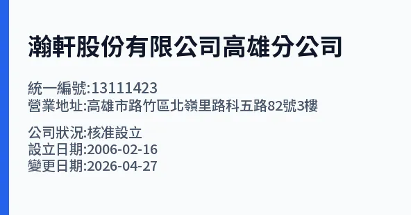 瀚軒股份有限公司高雄分公司的照片-統編 13111423(高雄市) 公司登記資料與營業項目詳細圖表